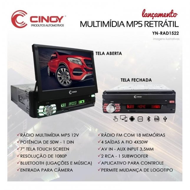 MP5 Retratil 1 Din 7 Pol Espelhamento bt Usb SD FM Cinoy 1522
