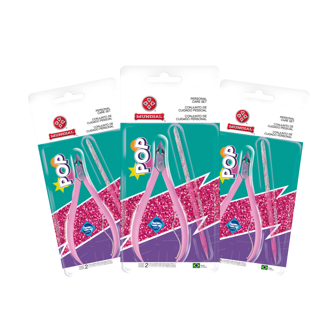Kit 3 Alicate de Cutícula c/ Palito 751 Pop Rosa c/Glitter Mundial