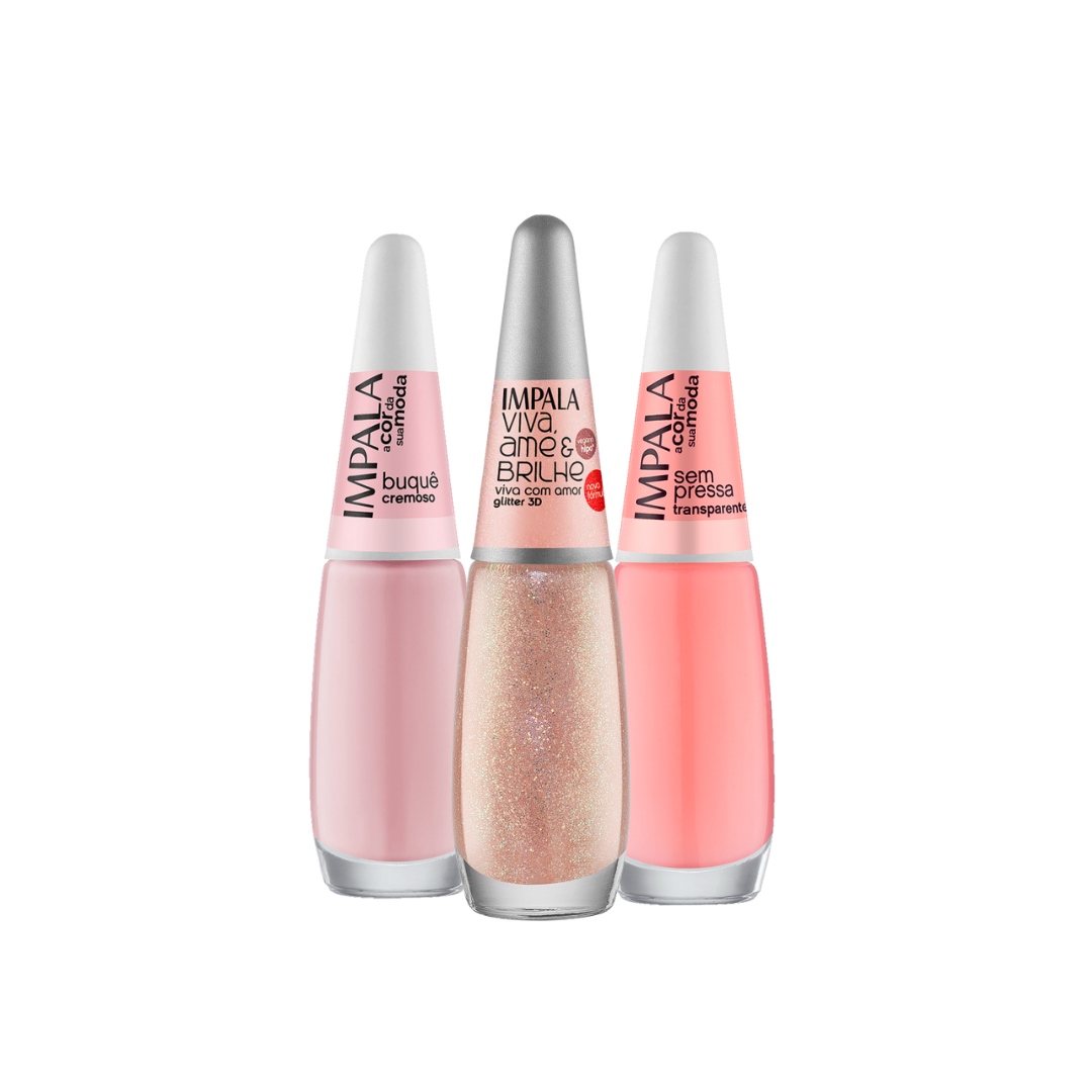 Esmaltes Impala Combinadinhos: Viva com amor/ Sem pressa/ Buquê