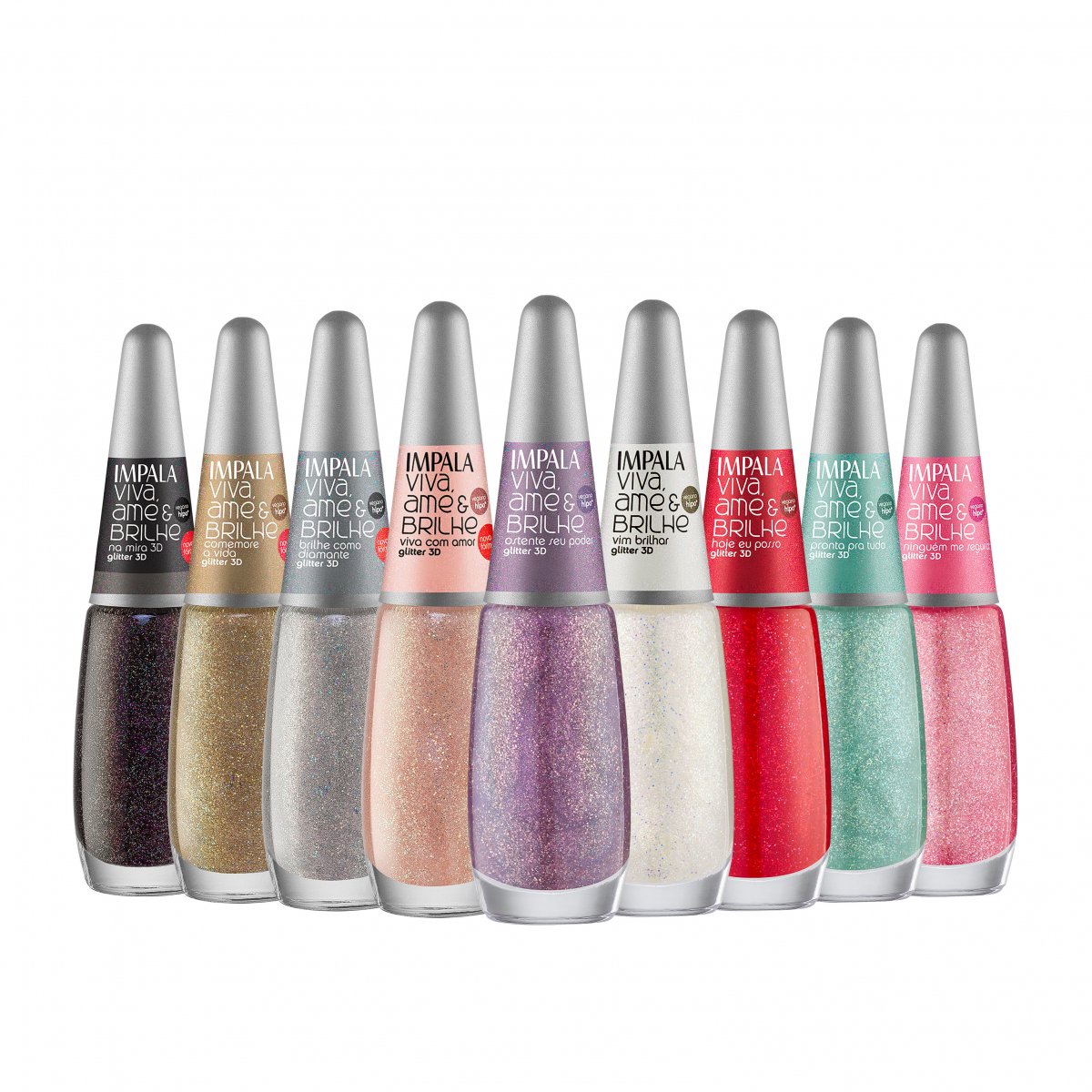 Kit 9 Esmaltes Impala Coleção Viva, Ame e Brilhe Glitter 3D