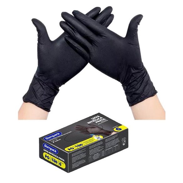 Luva Nitrílica Preta Sem Pó Bompack Tam G C/100 Unidades