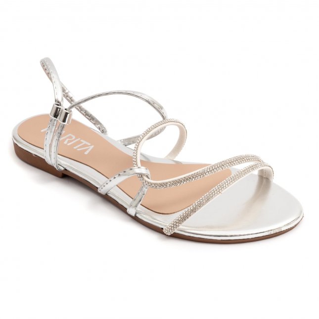 Sandália Rasteira Prata Tiras Strass Fivela