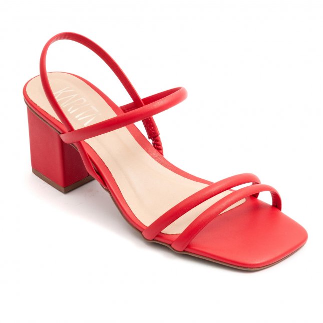 Sandália Vermelha Salto Geométrico Tiras