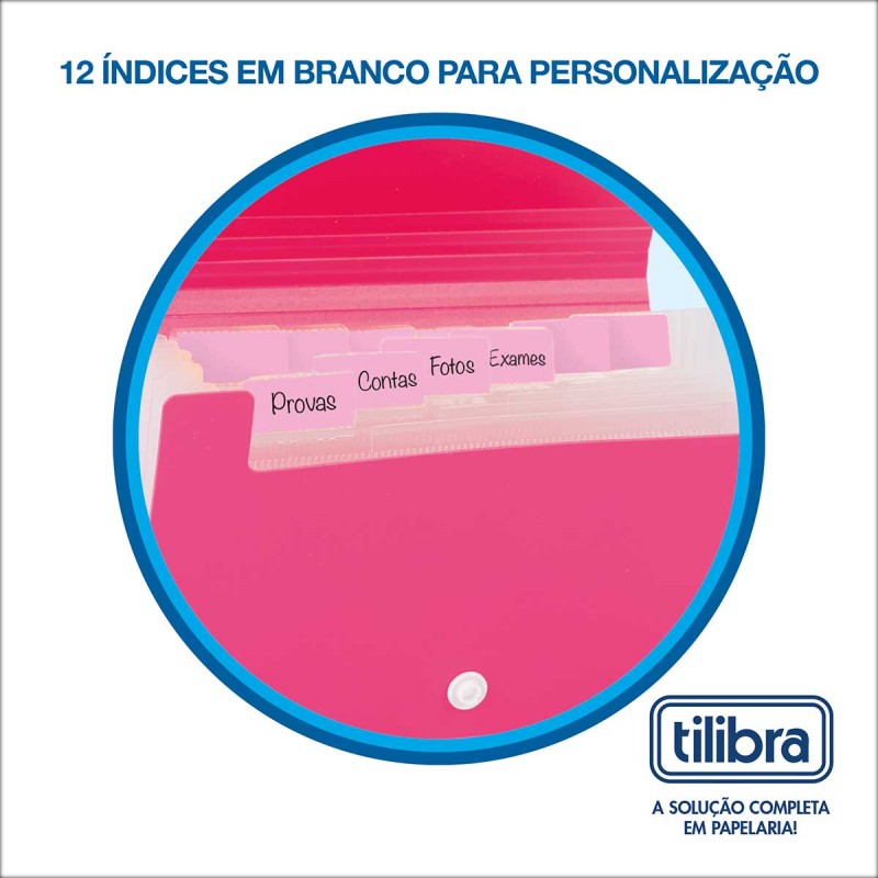 Pasta Sanfonada Polipropileno A4 12 Divisões Color Rosa