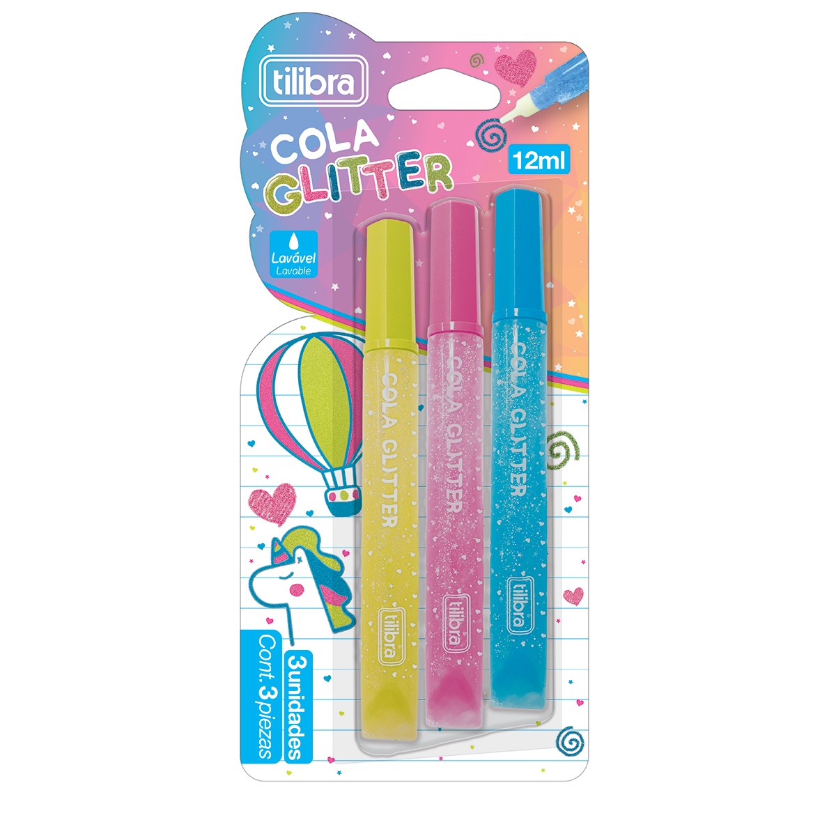 Cola Glitter 12ml Colorida - Blister com 3 Unidades