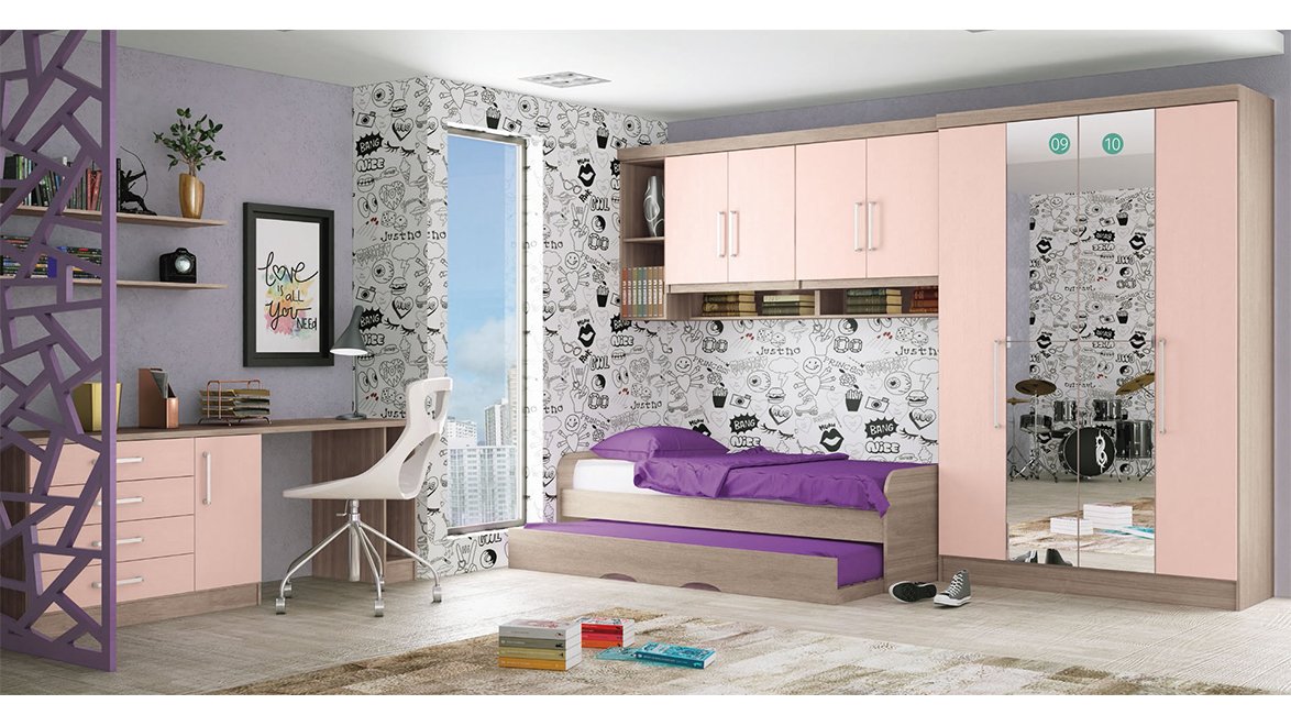 Jogo de Quarto Solteiro Modulado Nobre Castro Amêndoa Rosa