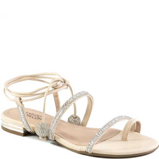 Sandália Rasteira Lace Up Strass Sapato Show 1381655 - Bege | Sapato Show
