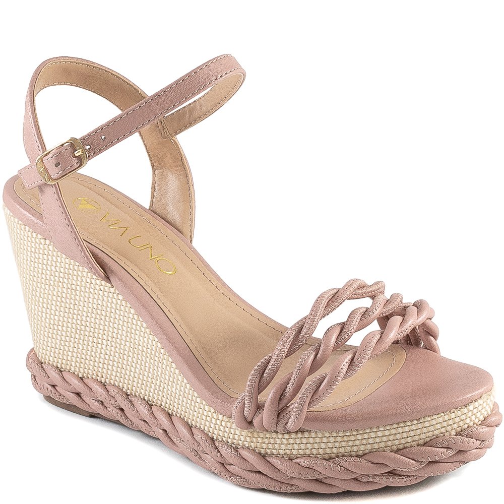 Sandália Anabela De Tiras Com Palha Verão Via Uno 330044 - Rosa Quartzo ...