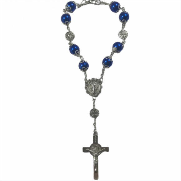Terço para carro São Bento Prata Azul Escuro | SJO Artigos Religiosos