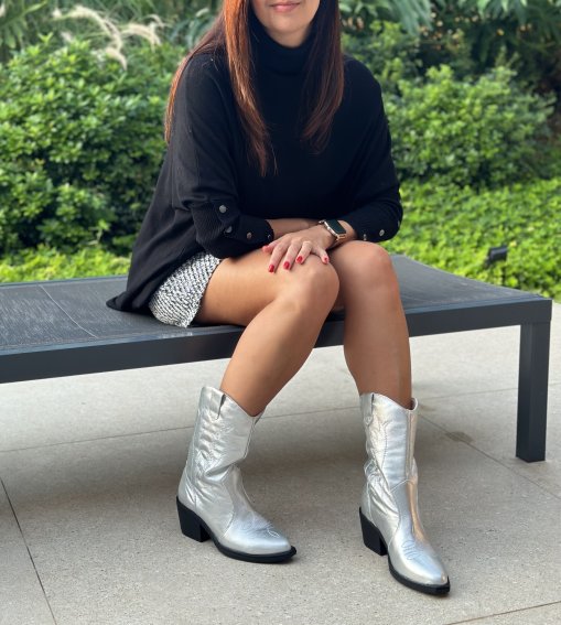 Bota em Couro Western Prata