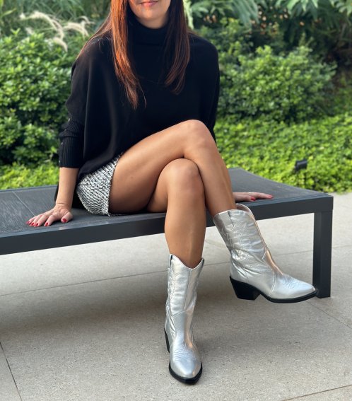 Bota em Couro Western Prata